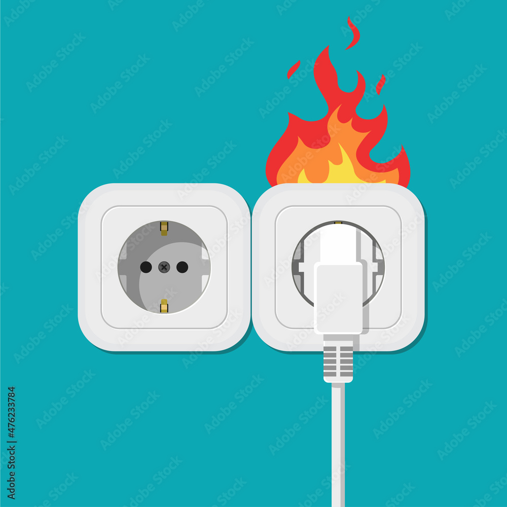 burnt socket , electric short circuit. Faulty damaged cable. Fire from ...