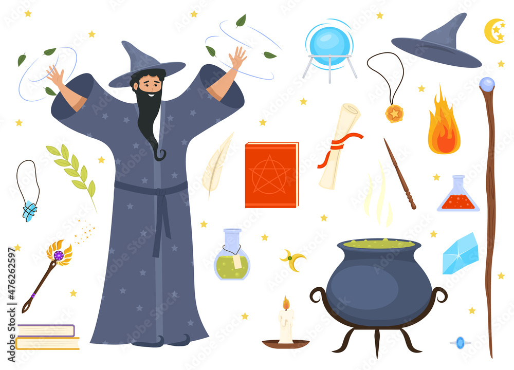 Wizard with magic attributes on white background vector illustration ...