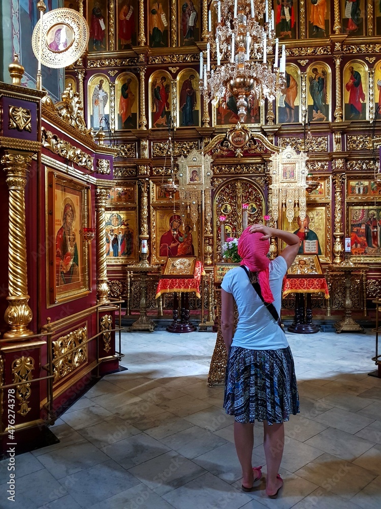 Orthodox churh interior with prayers Stock Photo | Adobe Stock