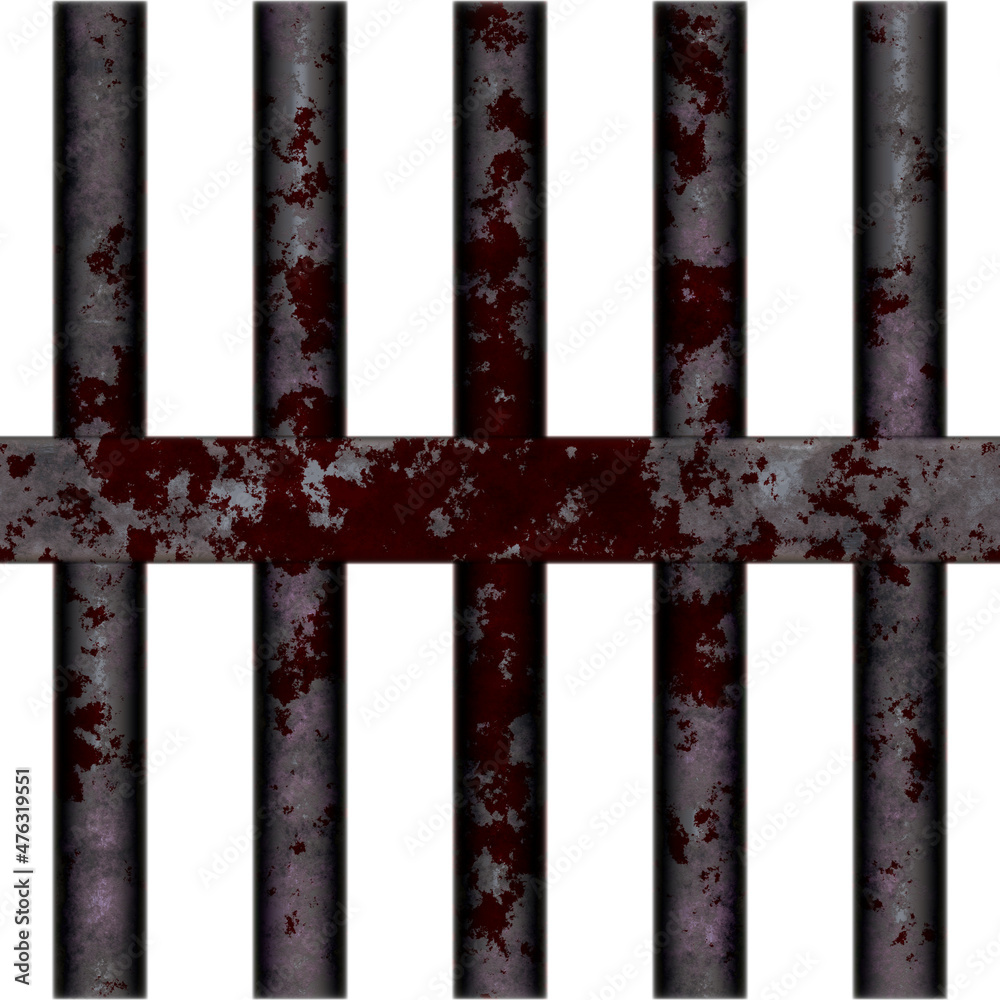 Metal roasted prison wide jail bars. With rust and blood splatters ...