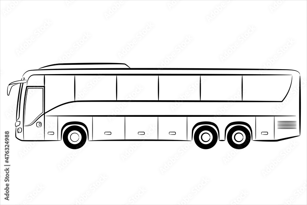 A hand drawn line of a passenger bus. Outline coach bus, side view ...
