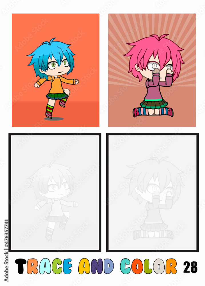 set of cartoon character coloring pages ,Trace and color, chibi, kids ...