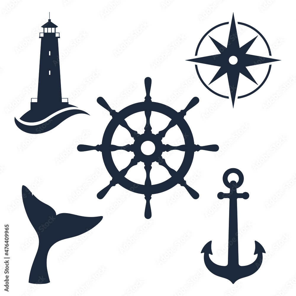 Marine travel topic graphic set symbols. Nautical signs isolated on ...