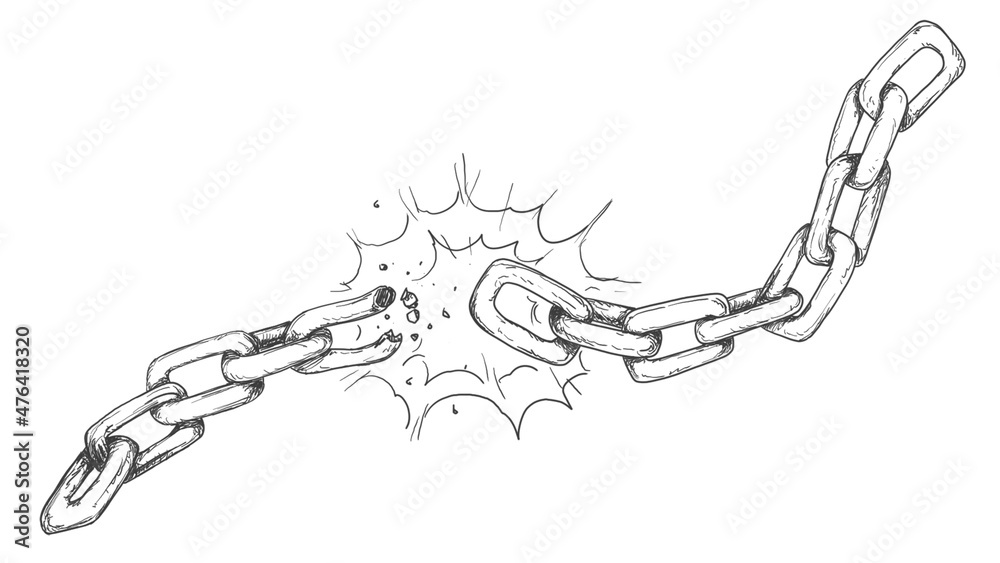 Breaking chain, breaking links, hand drawn black white line fine art ...