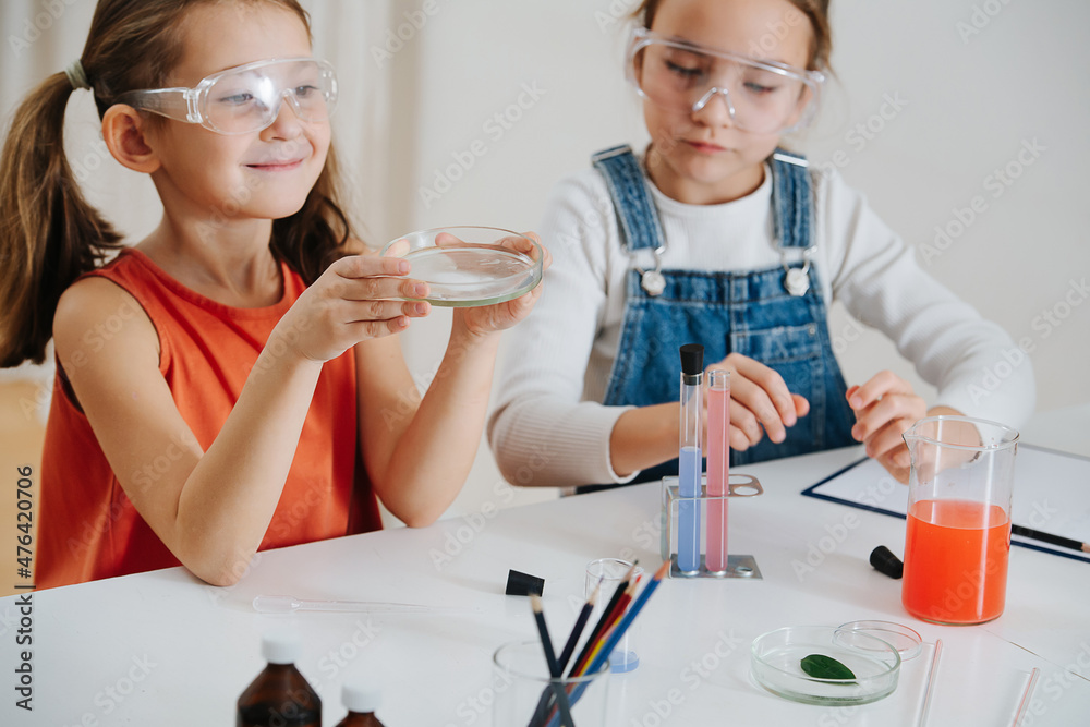 Happy little girls doing science project, one is holding a glass dish ...