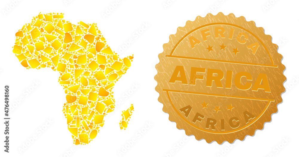 Golden composition of yellow particles for Africa map, and golden ...