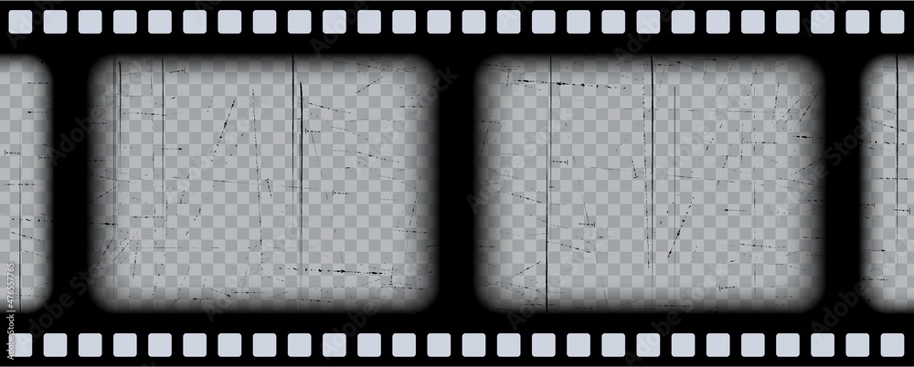 Old black cinematic frame on a transparent background. Scratched ...