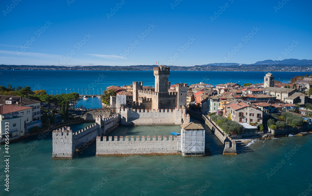 Sirmione aerial view. Top view, historic center of the Sirmione ...