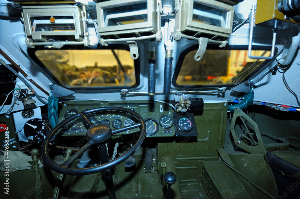 Driver-mechanic cabin of Ukrainian combat reconnaissance vehicle BRDM 2 ...