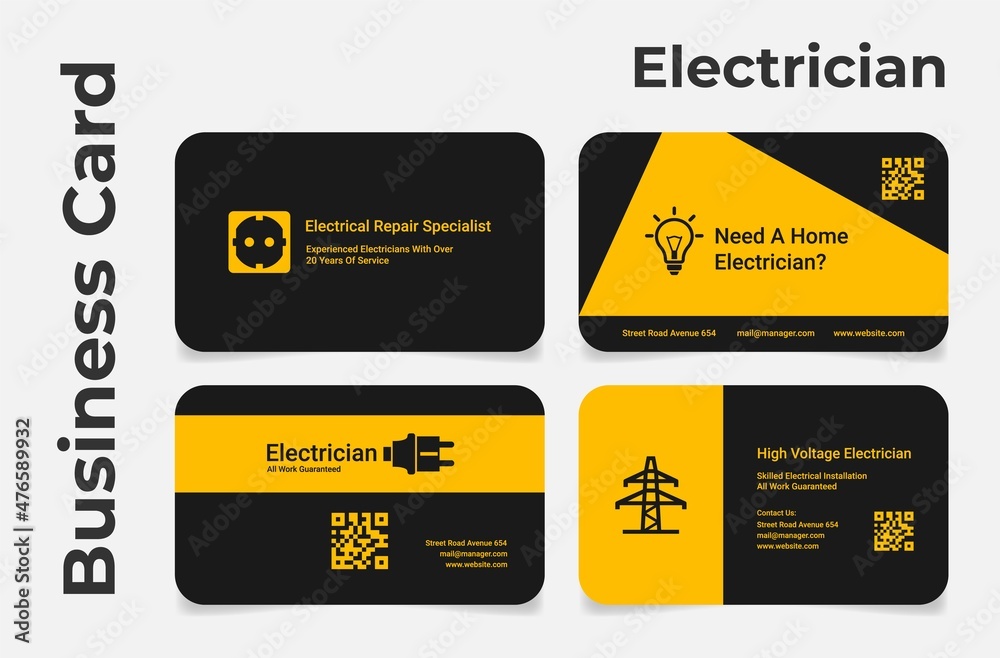 Professional electrician business card set vector flat illustration ...