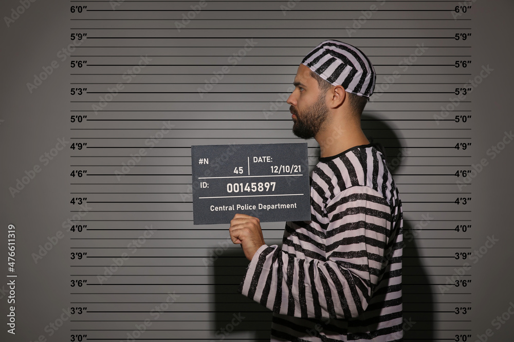 Prisoner with mugshot letter board at police department Stock Photo ...
