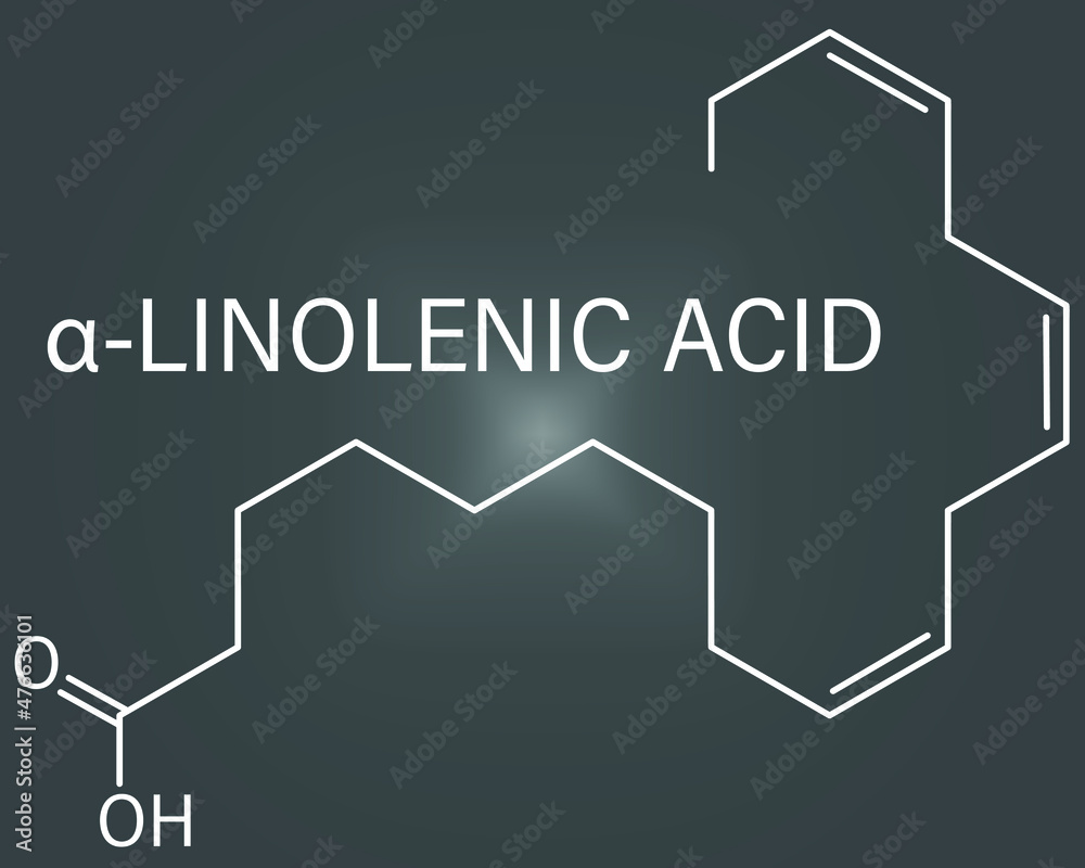 Alpha-linolenic acid or ALA molecule. Essential polyunsaturated omega-3 ...