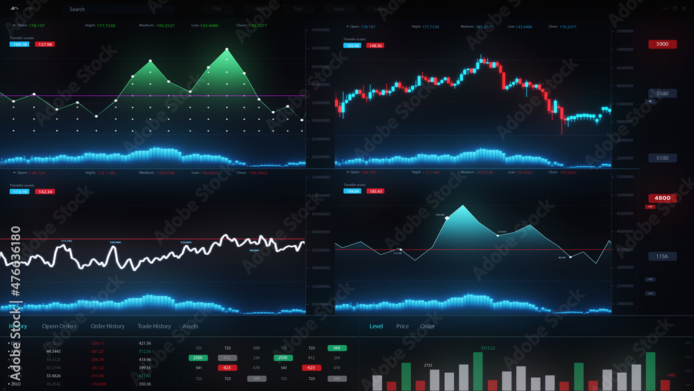 Multiple fake computer interface screen big data analytic science ...