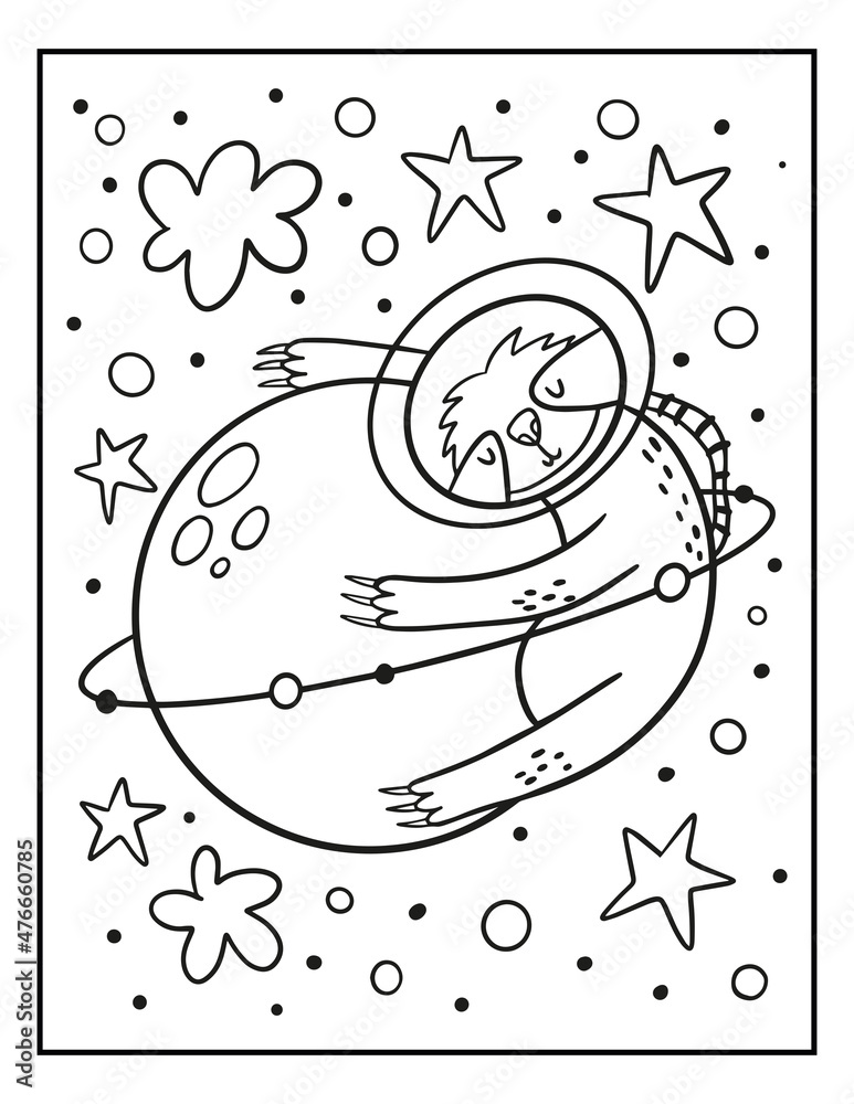 Cute cartoon coloring page with sloth. Coloring poster with sleeping ...