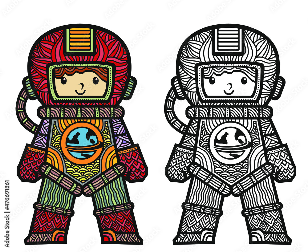 Coloring page of astronaut. Colorless and color samples. Freehand ...
