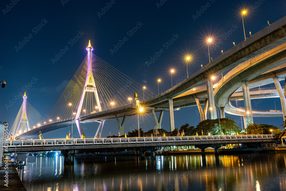 Bhumibol suspension bridge cross over Chao Phraya River in Bangkok ...
