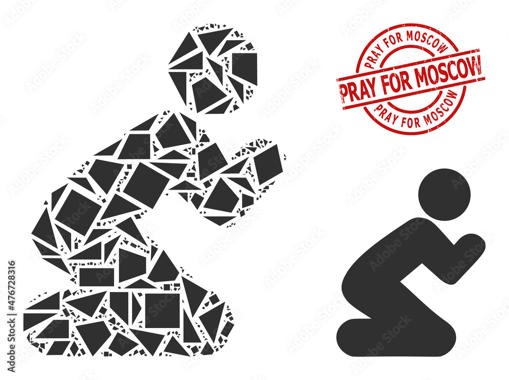 Simple geometric praying man mosaic and Pray for Moscow unclean stamp ...