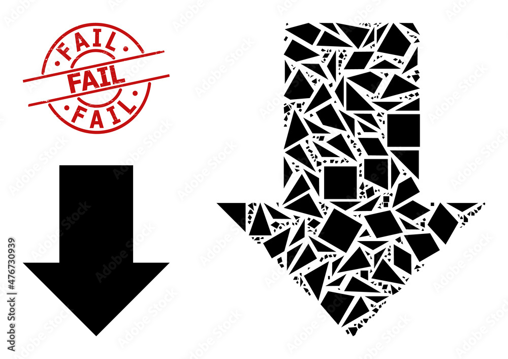 Simple geometric fall down arrow mosaic and FAIL unclean stamp. Red ...