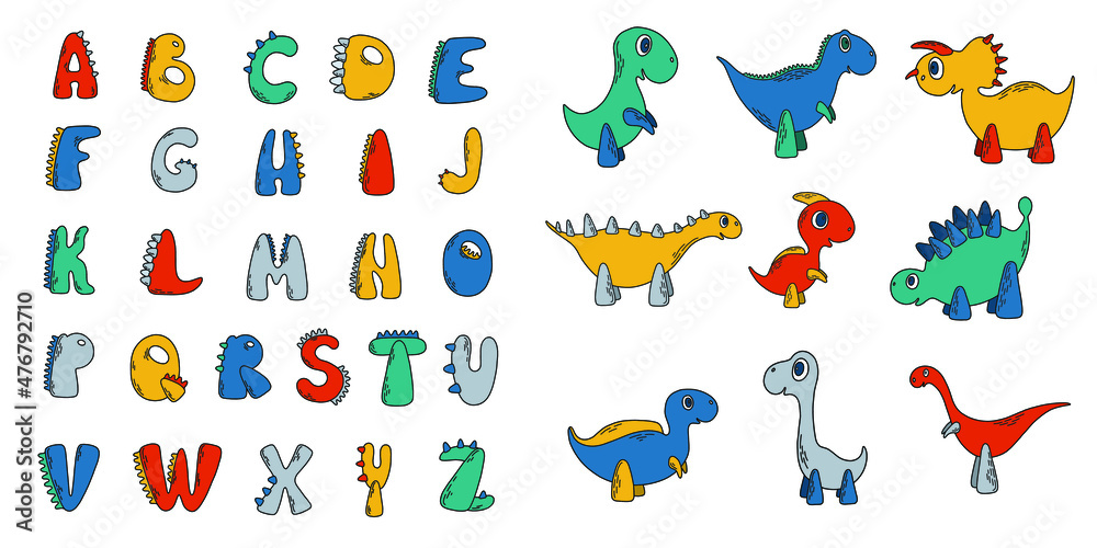 Vector set with English alphabet and nine dinosaurs. Bright cartoon ...
