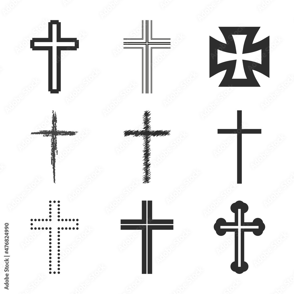 Collection of crosses, crucifixes of various shapes. Flat isolated ...