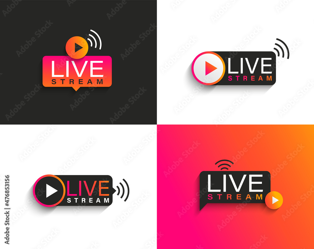 Set live stream logos,symbols,icons with play button and wifi.Emblems ...