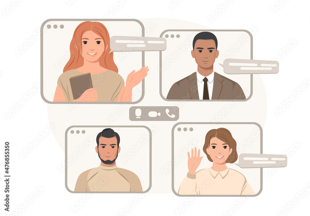 Online meeting multicultural international team via group call. Video ...