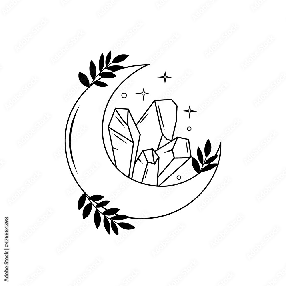 Black and white floral boho crescent moon with crystals and plants ...