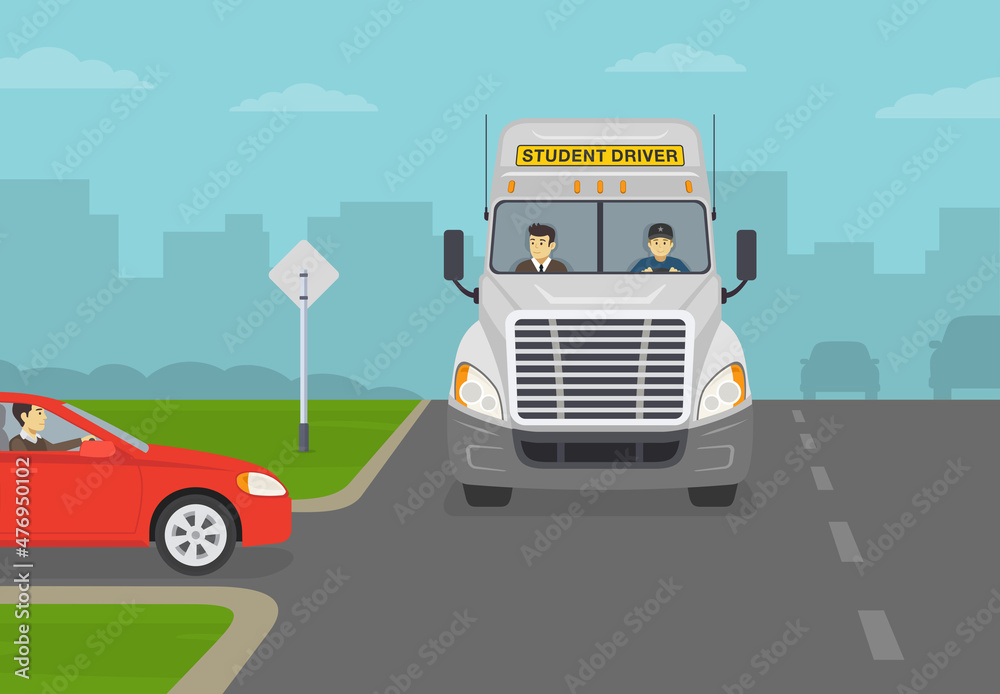 Heavy vehicle driving lesson and practice test. Instructor sitting in a ...