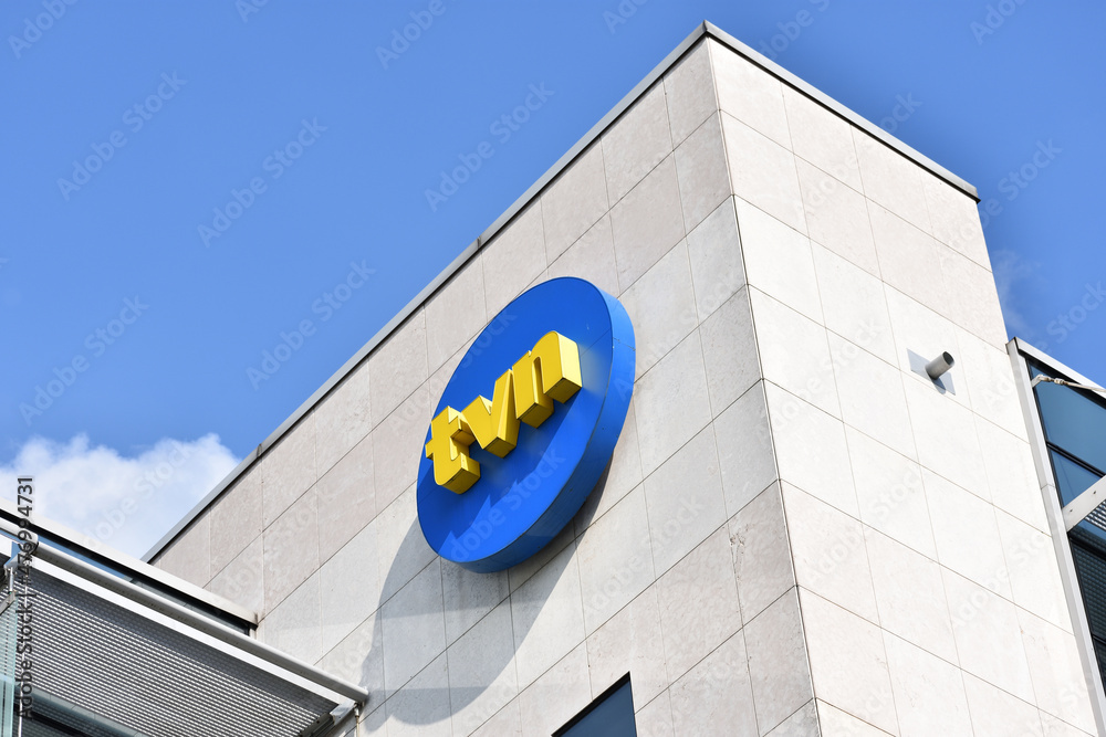 TVN Polish TV channel logo, signage, emblem on the facade of the Polish ...