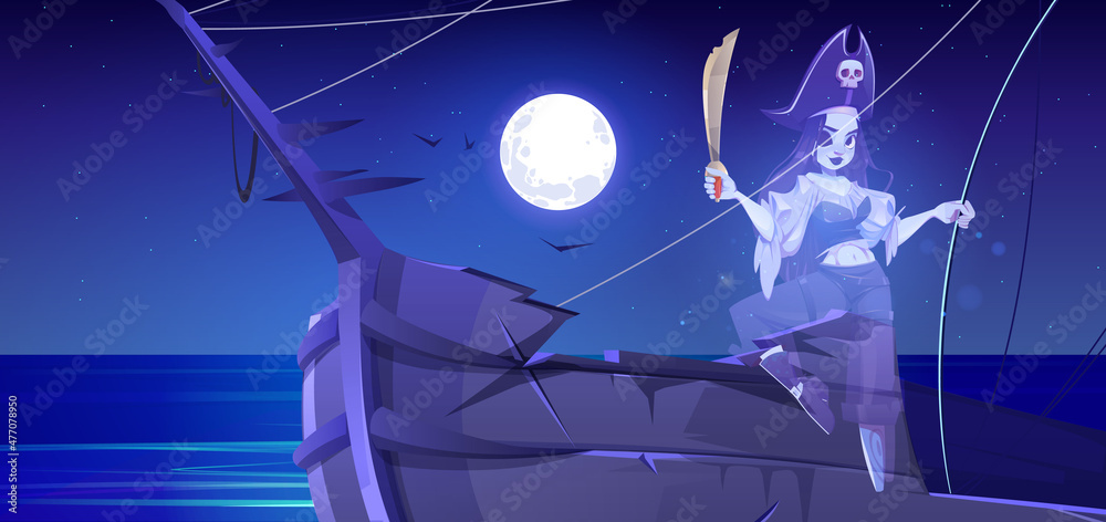 Vector de Stock Ghost of girl pirate holding sword on ship deck at ...