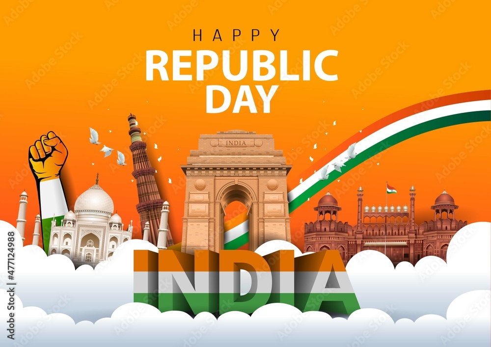 Happy republic day India 26th January. Indian monument and Landmark ...