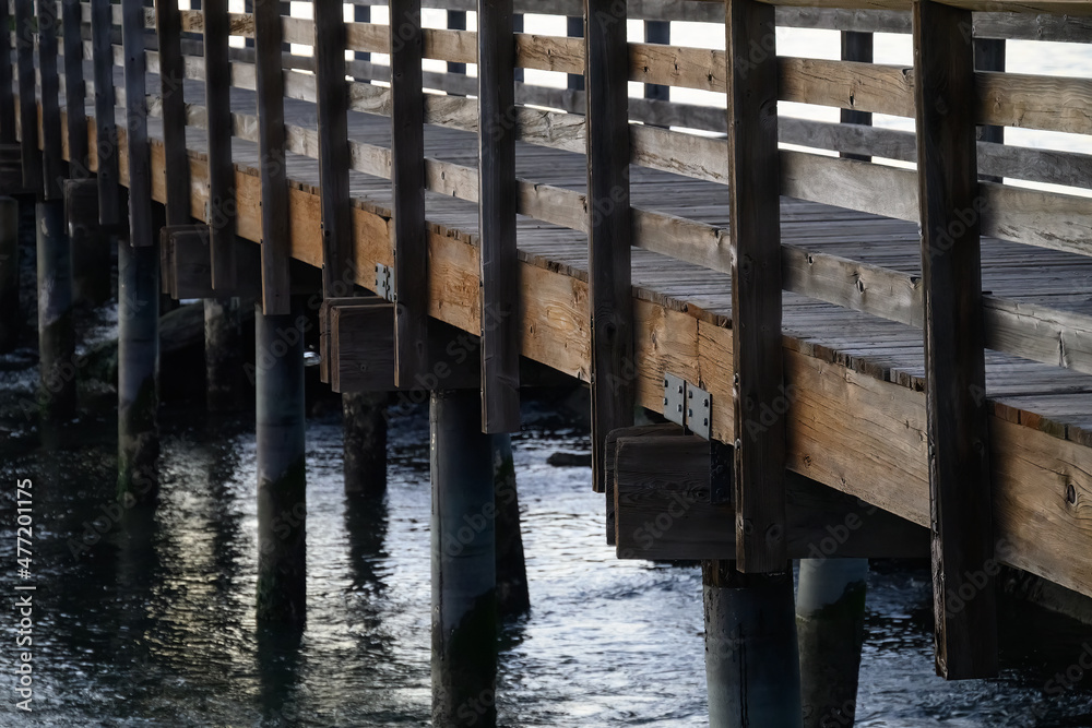 abstract diagonal view of a wooden footbridge over water with rows of ...