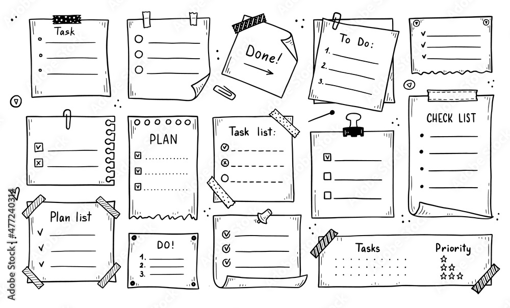Doodle checklist set. To do, task list with check mark vector ...