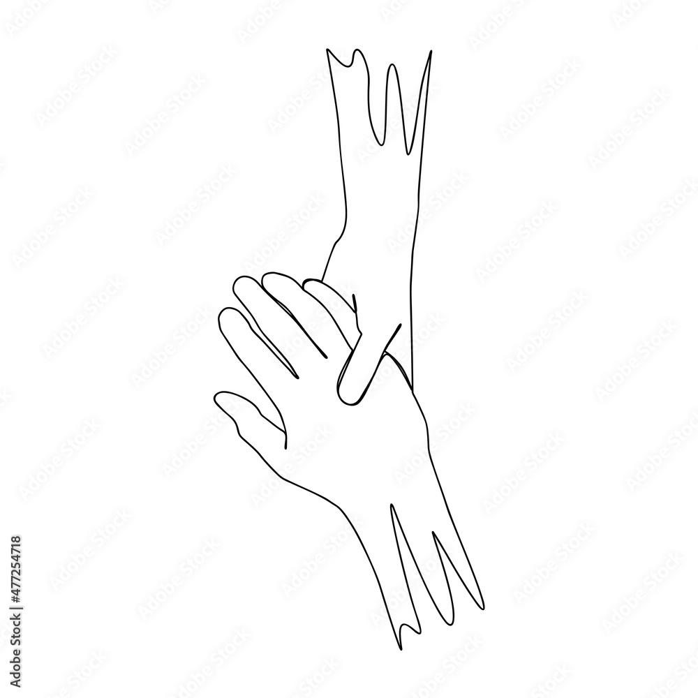 One line drawing female and male hand holding hands. Romantic picture ...