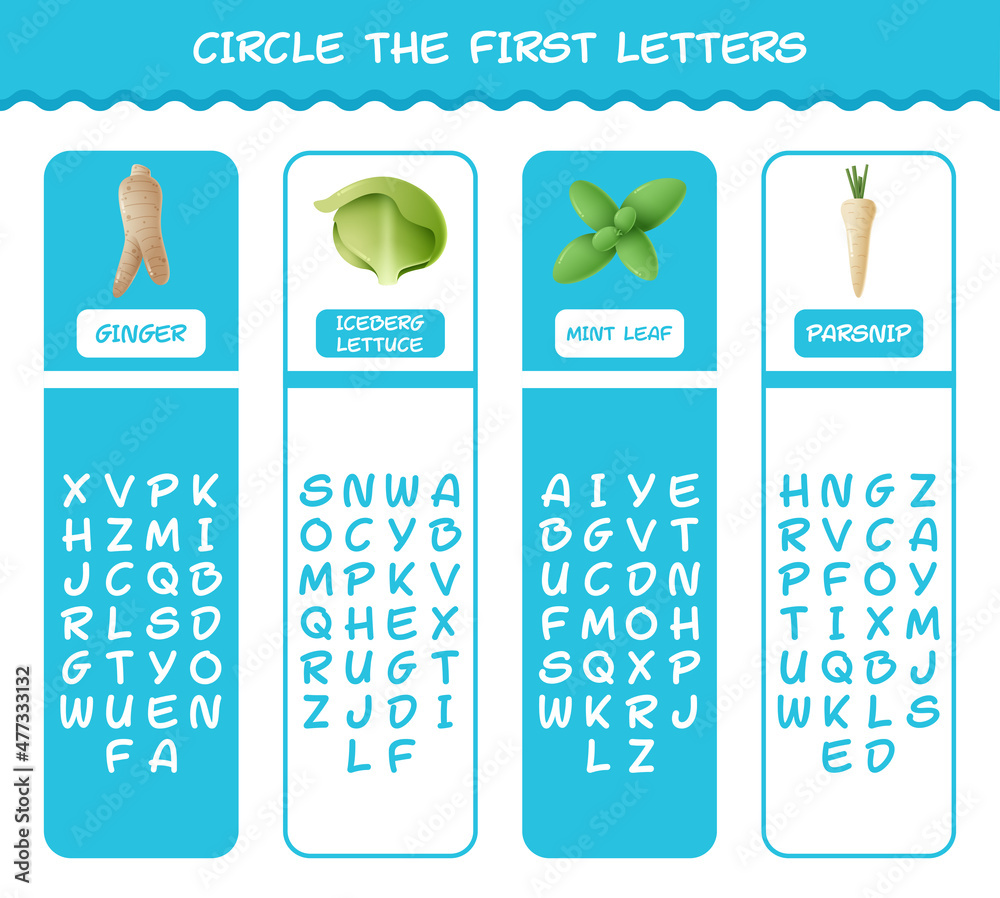 Circle the first letters of cartoon vegetables. Matching game ...