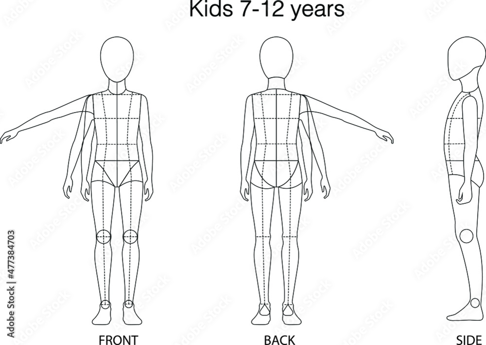 KIDS (7-12 years) figure: Front, Back, and side view. Fashion figure ...