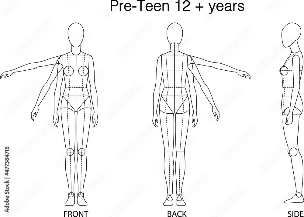 Image vectorielle Stock Pre-teen (12+years) figure : Front, Back and ...
