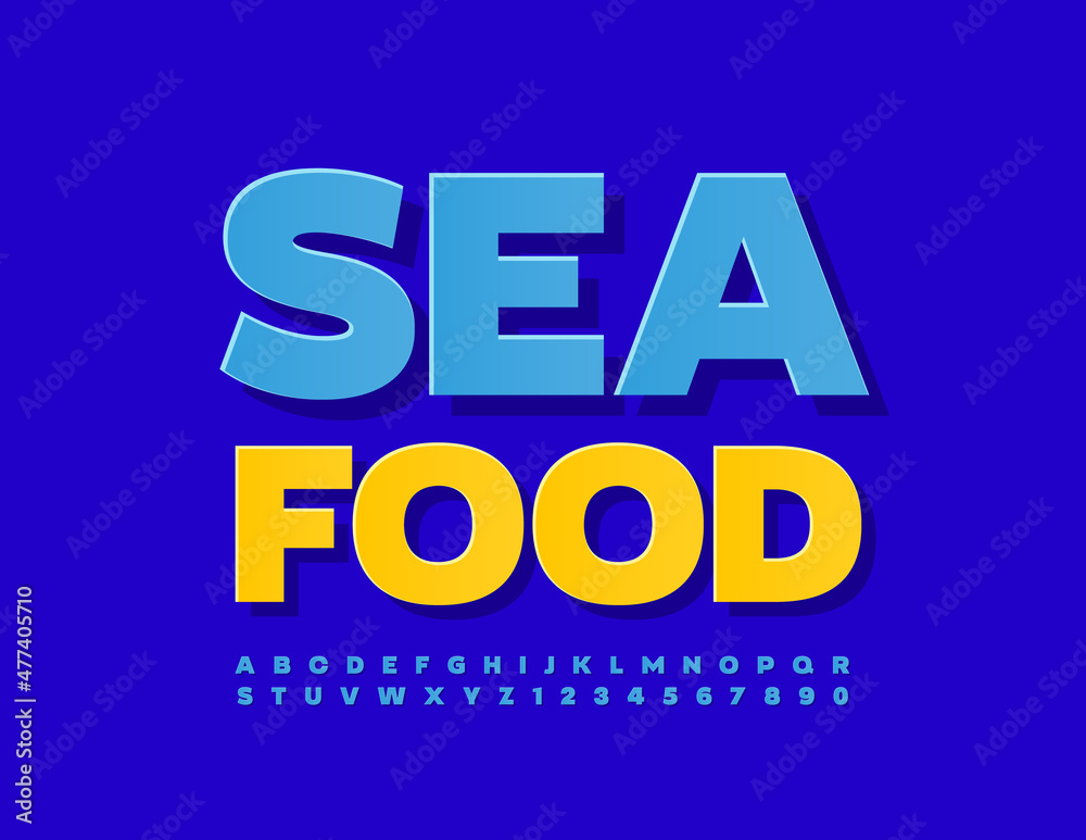 Vector modern sign Seafood for Cafe, Menu, Store. Blue sticker Alphabet ...