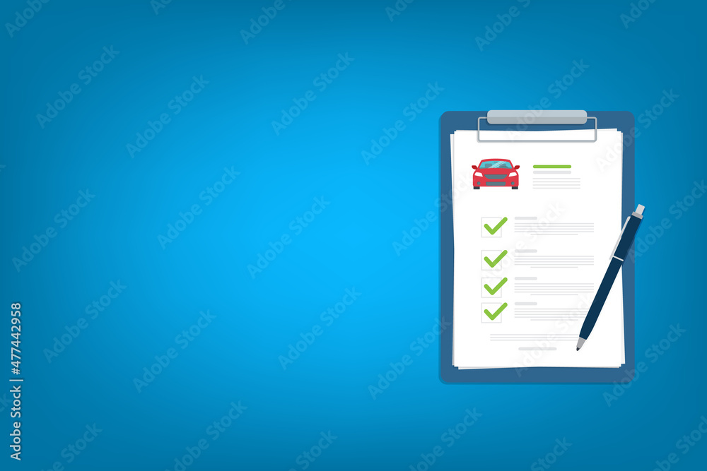 Car insurance document, report. Paper agreement checklist or loan ...