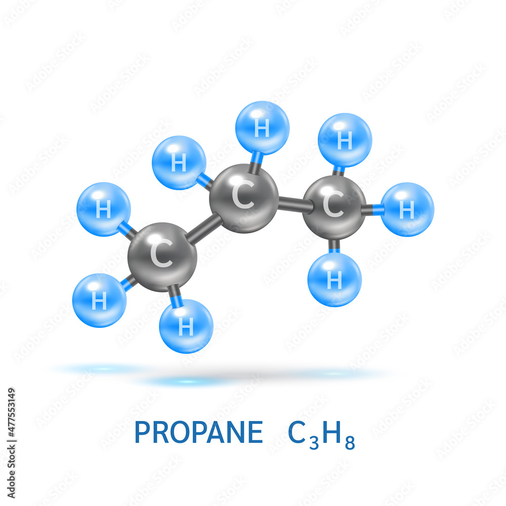 Propan gas (C3H8) molecule models and Physical chemical formulas. Natural gas combustible ...