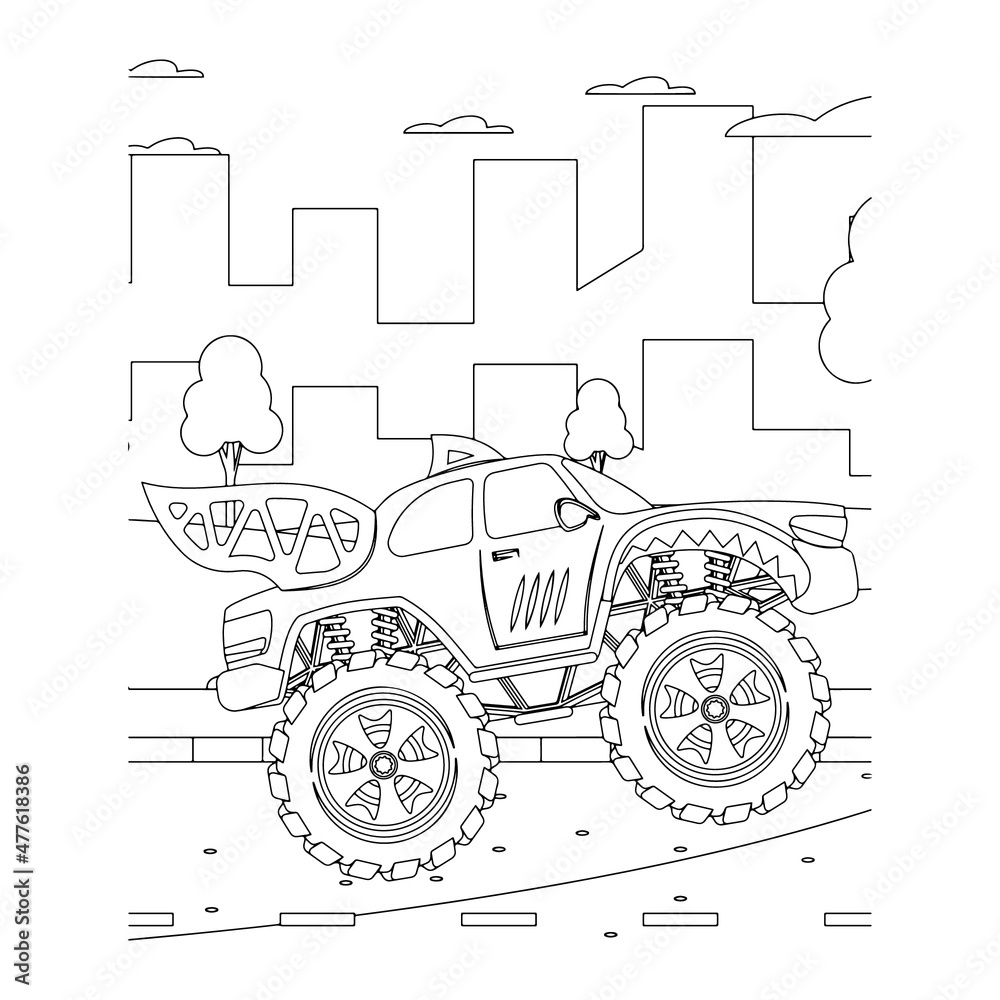 Monster truck vector illustration kids activity coloring pages Stock ...
