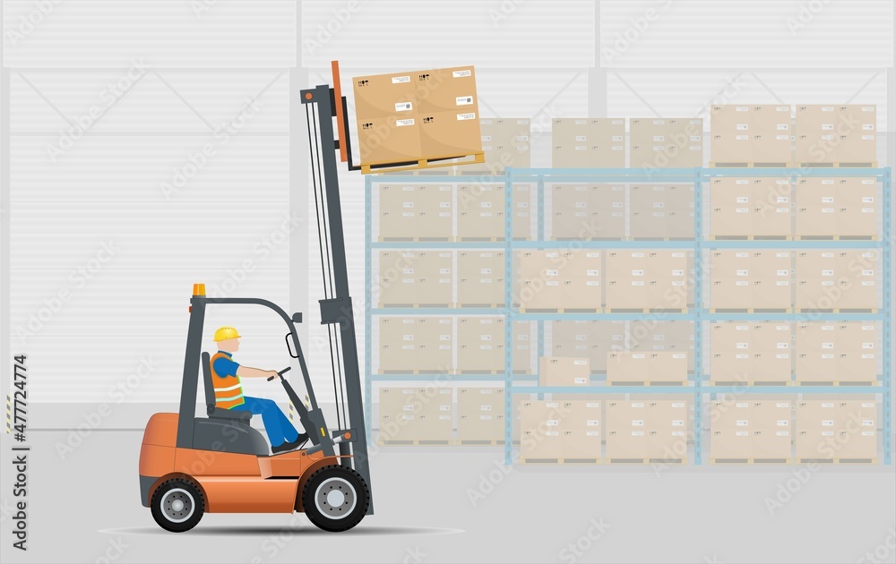 Moving pallets with boxes and lifting them onto racks in the warehouse ...