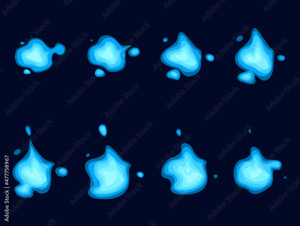 Sprite sheet of a water orb, a blue water bubble, a blue fire or ...