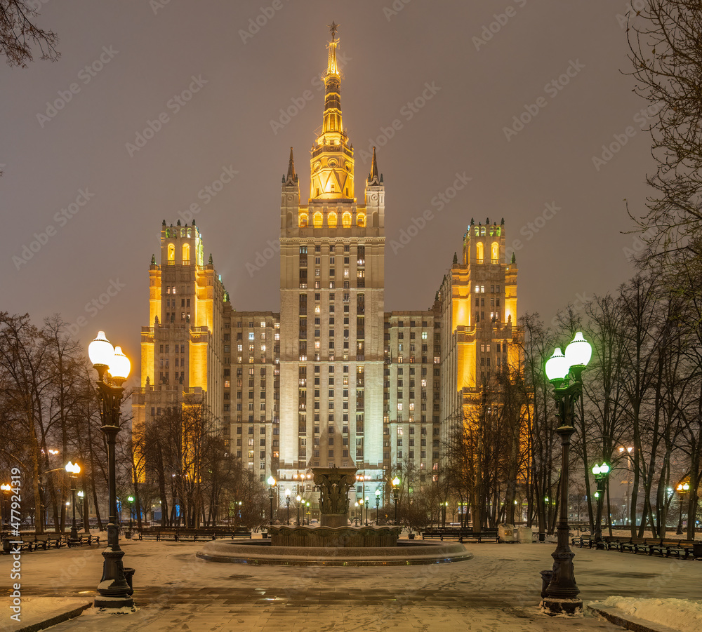 Winter Night view on the residential Stalinist high-rise building on ...