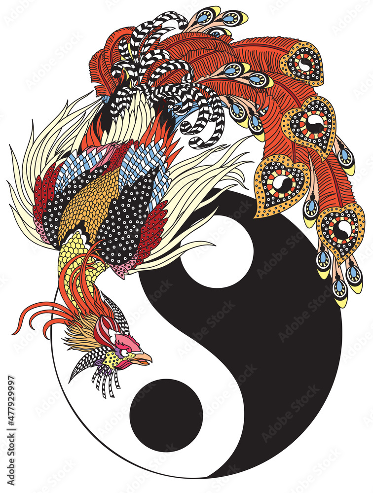 Chinese phoenix or Feng Huang magical bird and yin yang symbol of ...