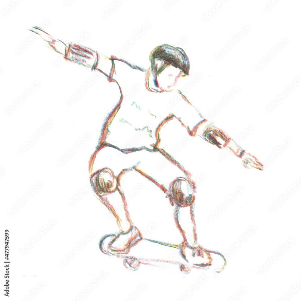 Hand drawn linear pencil illustration in sketch style. A young skater ...
