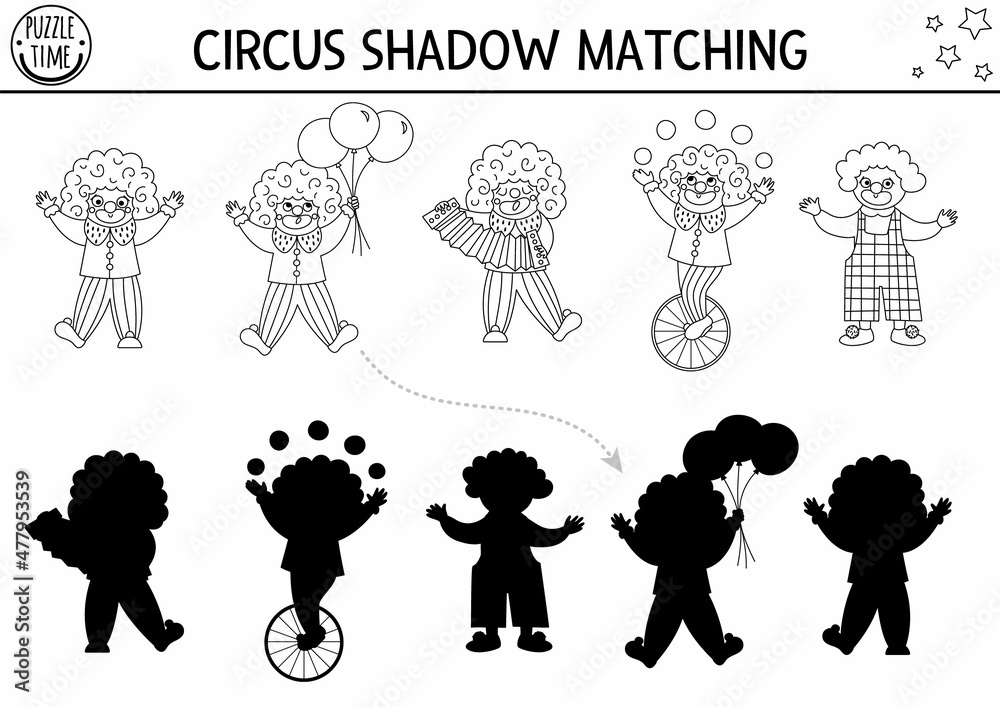 Circus black and white shadow matching activity with cute clowns ...