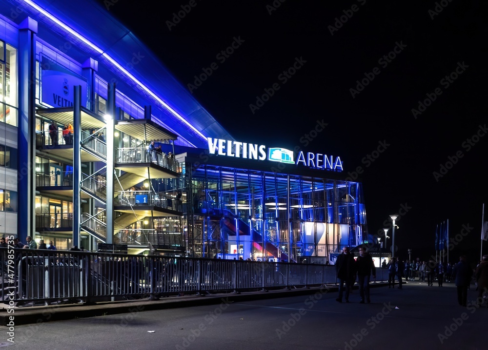 Gelsenkirchen, North Rhine-Westphalia, Germany - October 2021: Night view on the front facade of ...