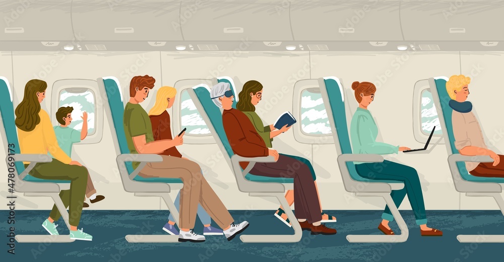Airplane cabin interior with people aboard. Hand drawn vector ...
