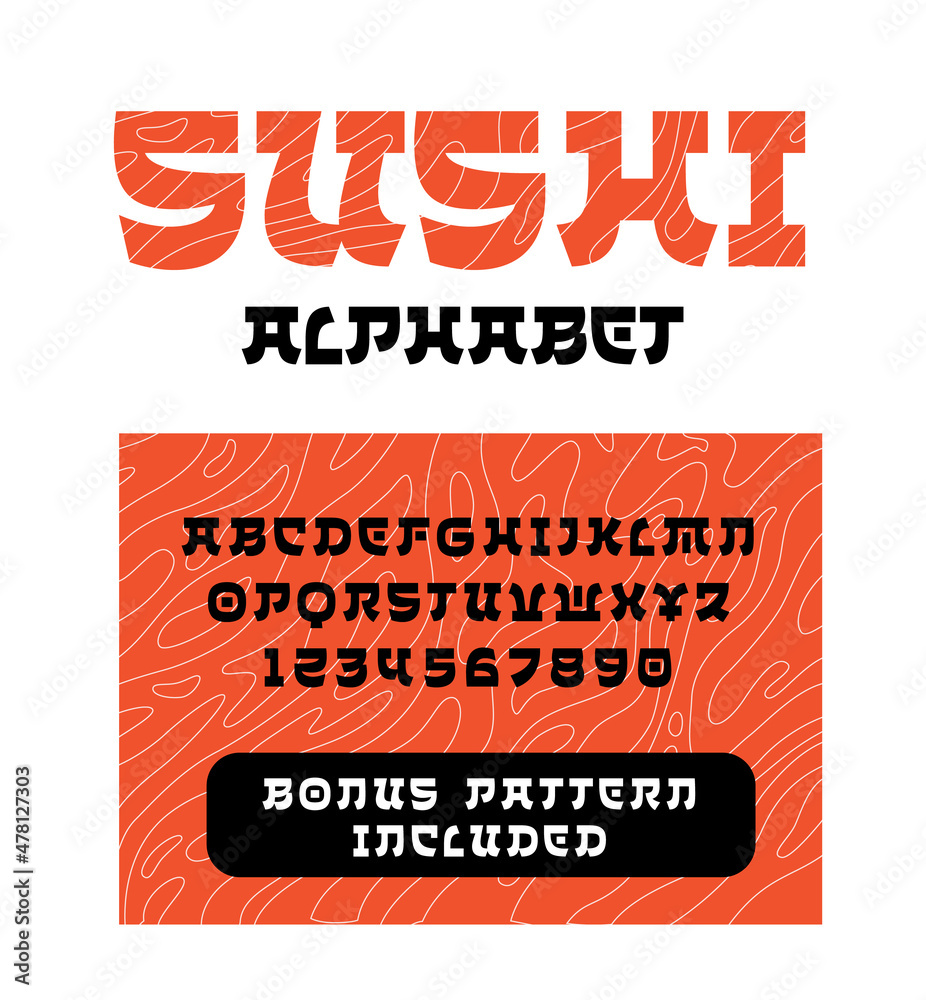 Sushi Japanese stylized alphabet. Salmon filleted fish like pattern ...